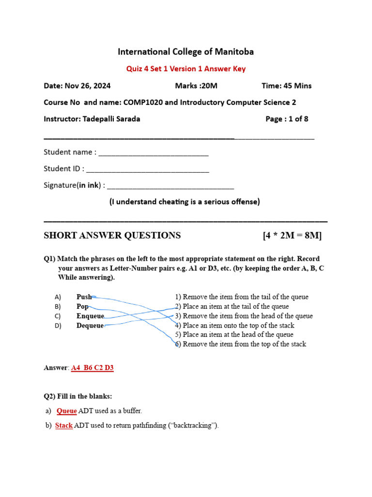Quiz 4 V1 Set 1 Answer Key | PDF | Queue (Abstract Data Type ...