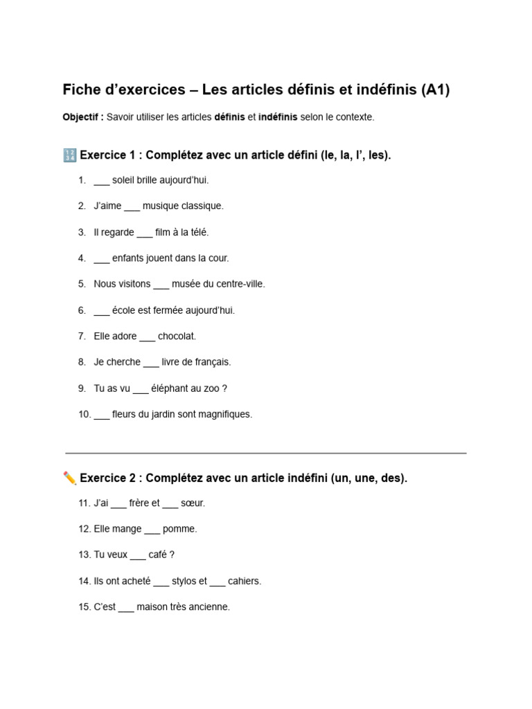 Worksheet A1 - Les Articles Définis Et Indéfinis | PDF | Ouverture ...