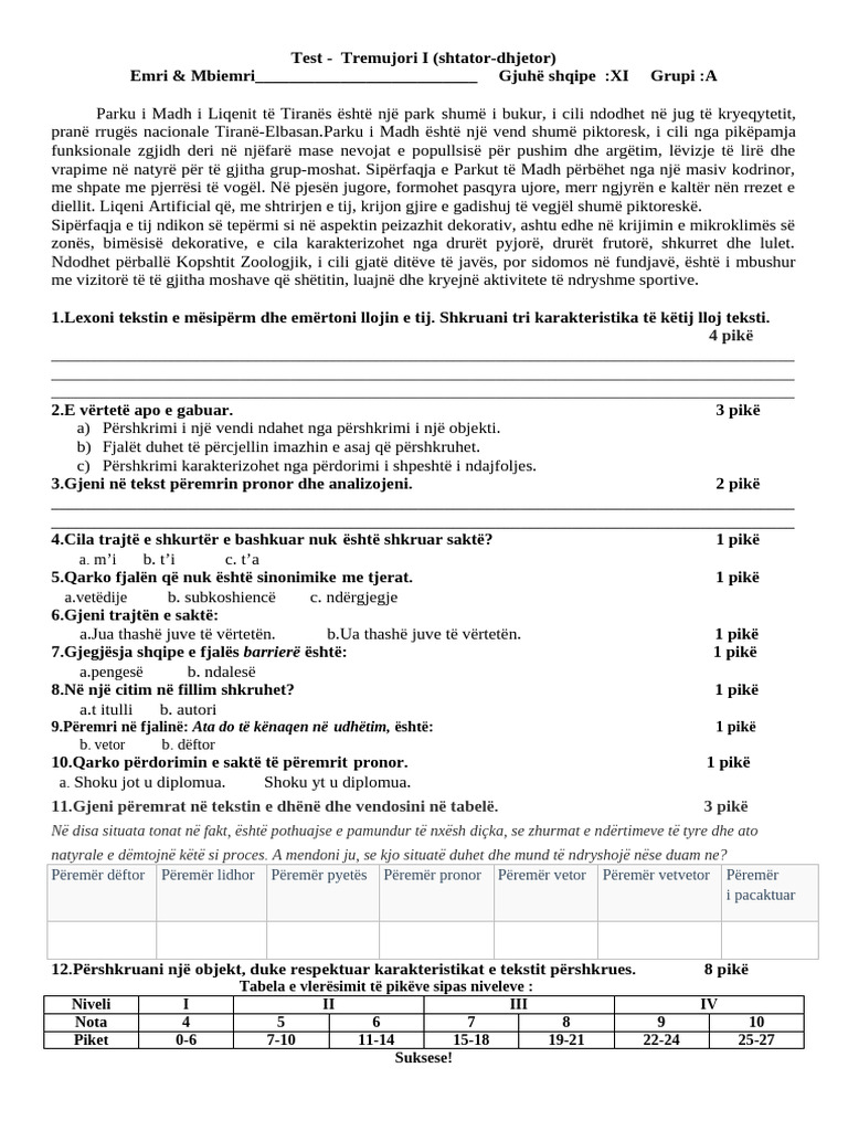 Test 1 Gjuhe Shqipe 11 | PDF