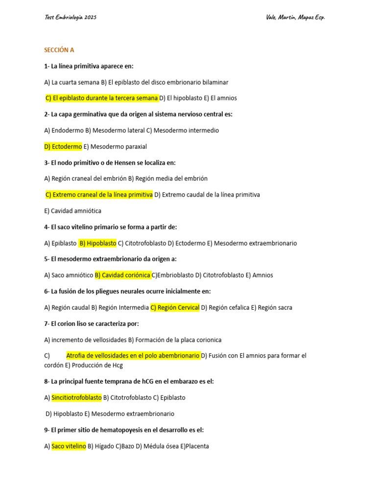 TEST EMBRIO 025 A y B.docx | PDF | Morfología (biología) | Reproducción