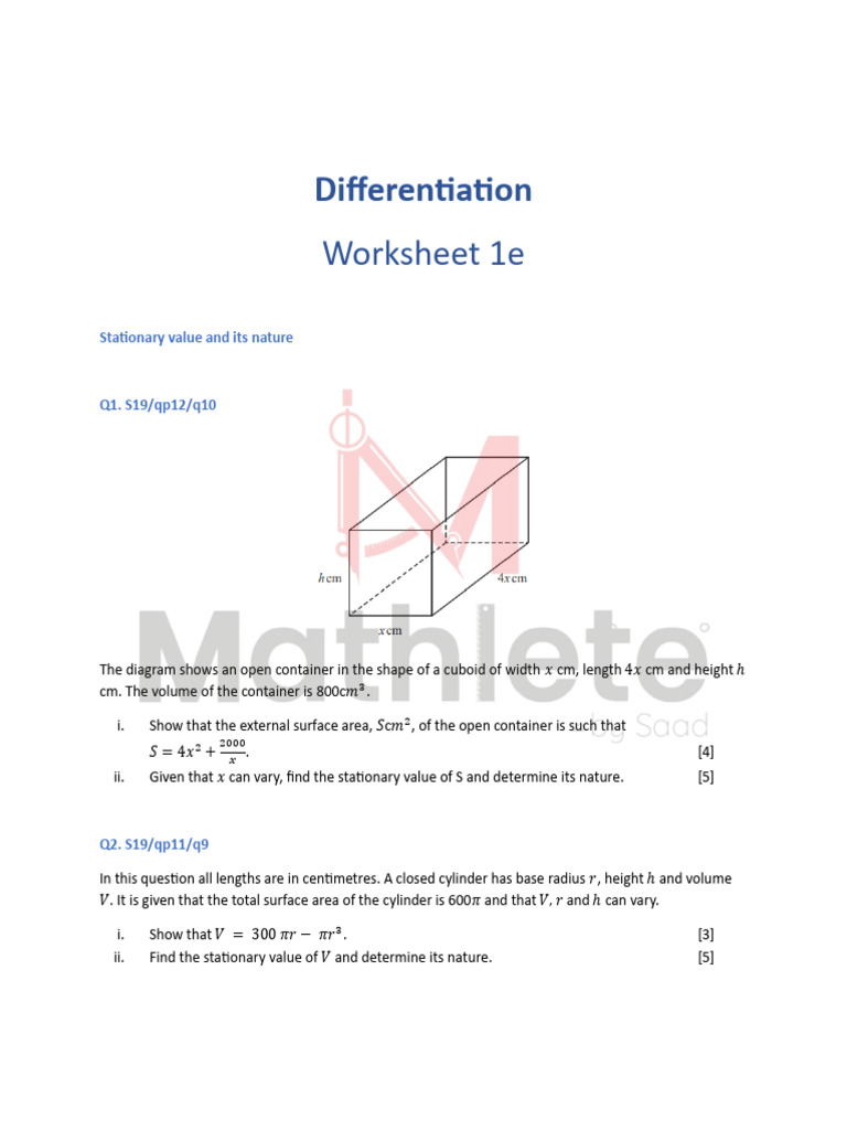 Differentiation Worksheet 1e | PDF | Area | Sphere
