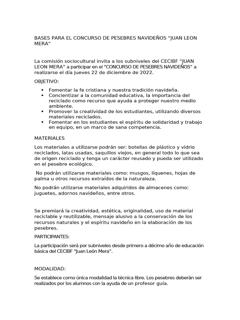 Bases Para El Concurso de Pesebres Navideños Ecológicos | PDF