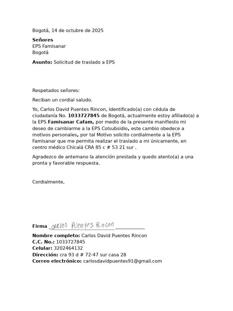 Carta Solicitud Traslado de EPS Carlos | PDF