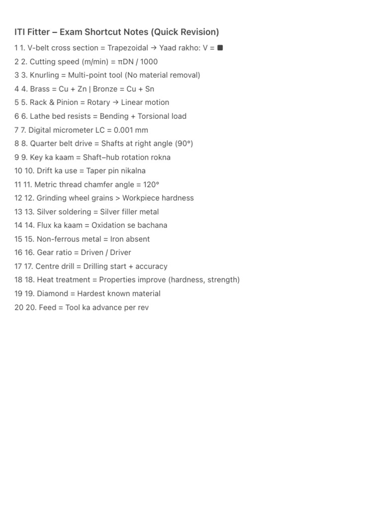 ITI Fitter - Exam Shortcut Notes (Quick Revision) | PDF