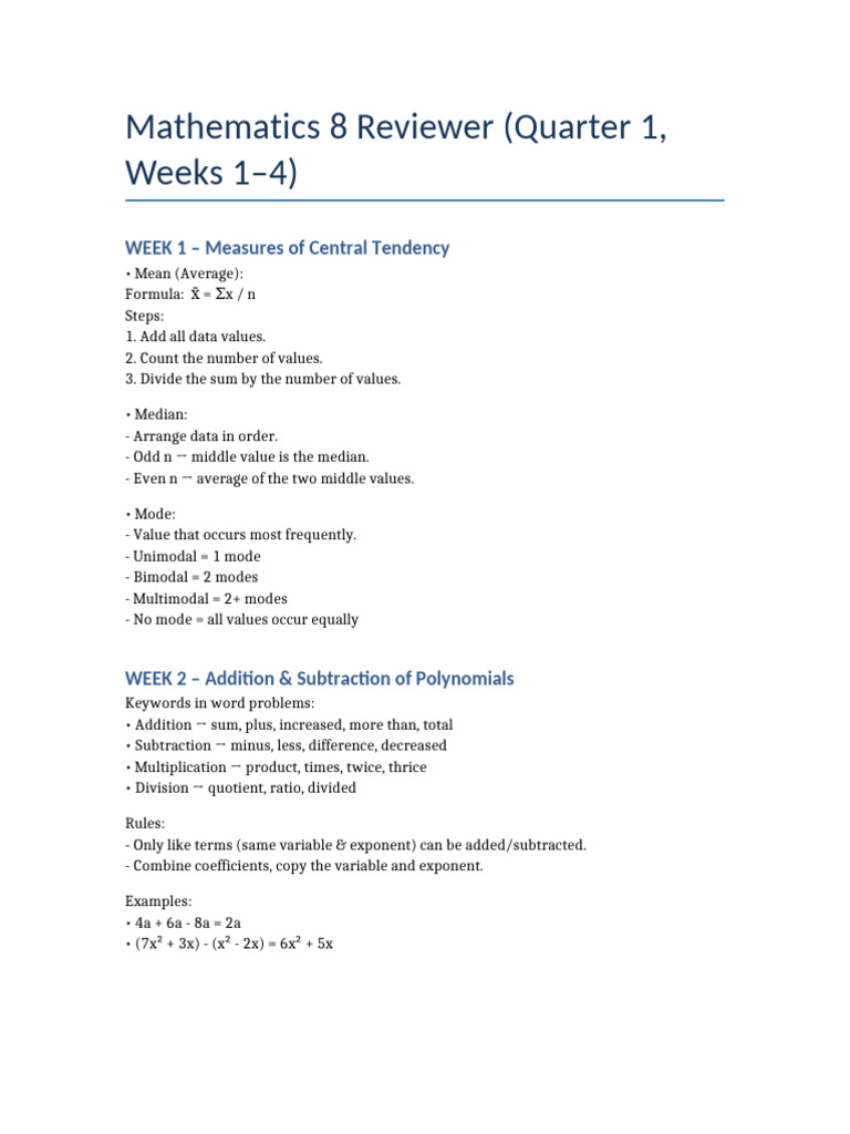 Math8 Reviewer Weeks1-4 | PDF