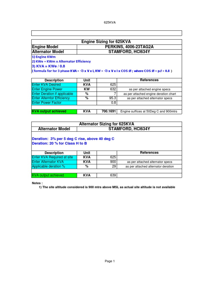 Engine and Alternator Sizing Calculations | PDF