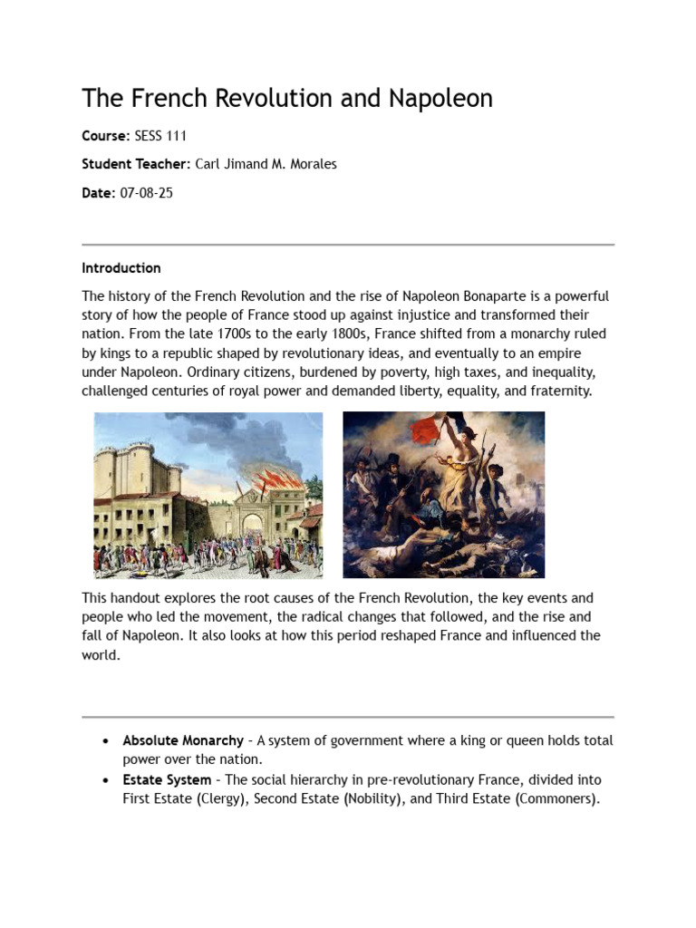 The French Revolution and Napoleon Handout 2 | PDF | Napoleon | Reign ...