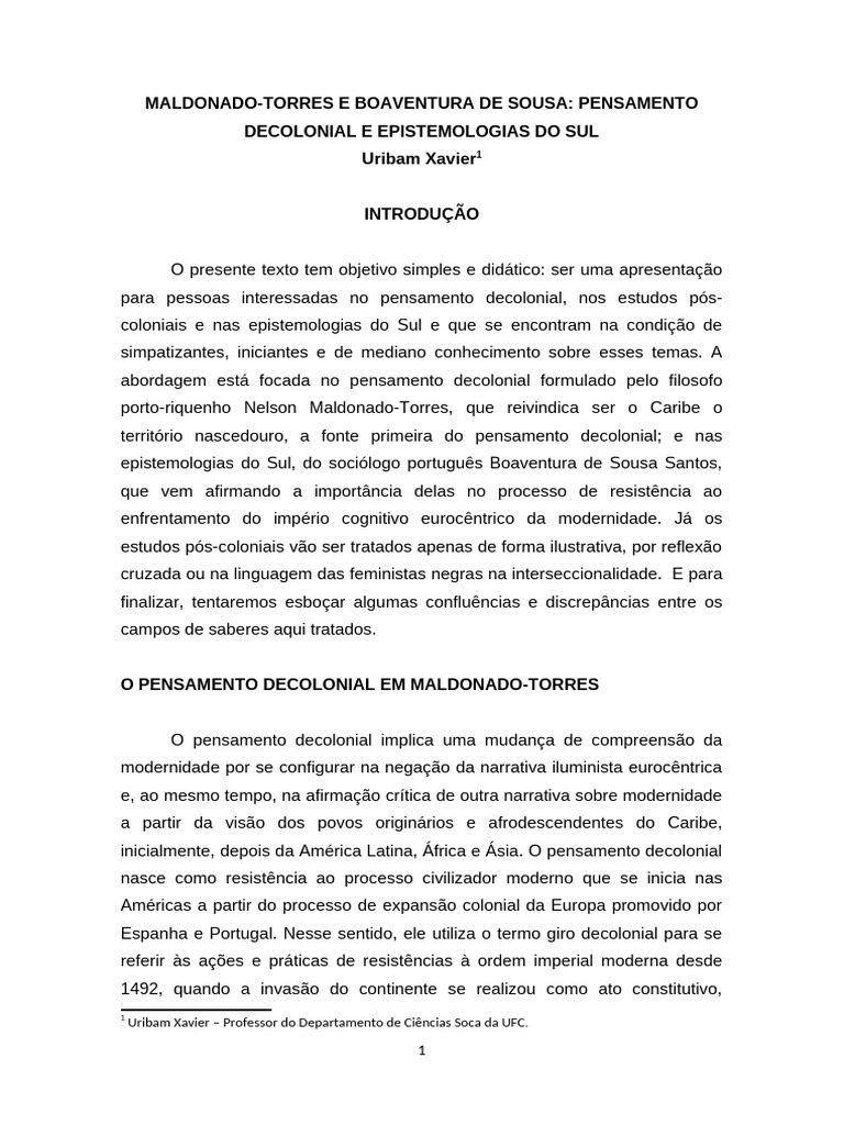 1 Maldonado-Torres e Boaventura de Souza | PDF | Colonialismo | Pensamento