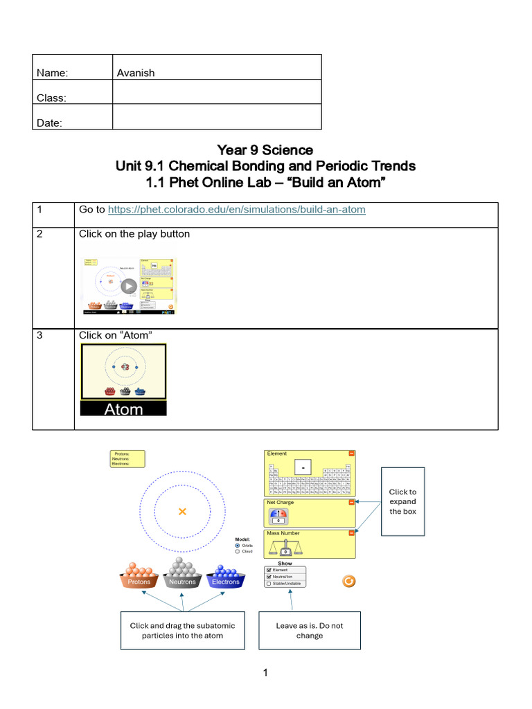 9.1.1 Structure of Atoms - Phet Build An Atom | PDF | Atoms | Proton