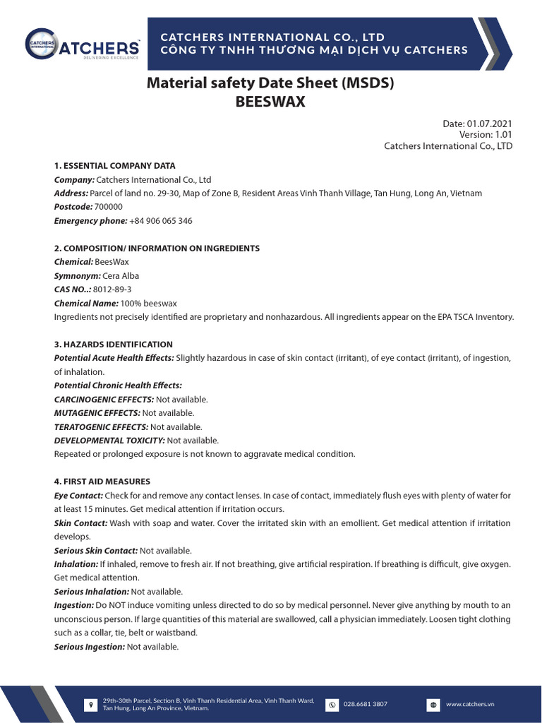Beeswax MSDS | PDF | Dangerous Goods | Toxicity