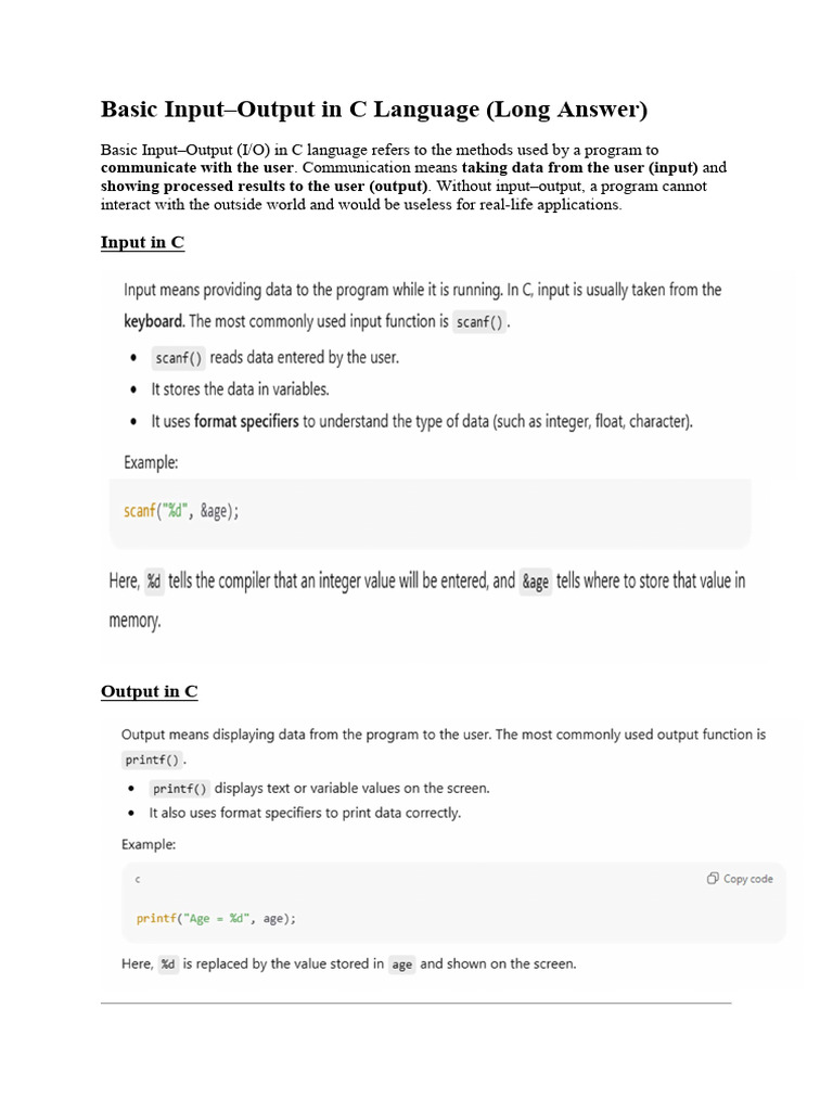 Basic Input Output, C Language | PDF