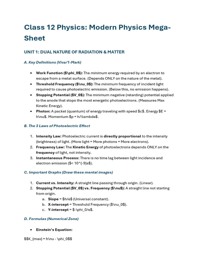 Class 12 Physics: Modern Physics Mega-Sheet: Unit 1: Dual Nature of ...