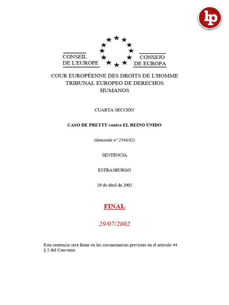 Caso Pretty vs. Reino Unido LPDerecho - Pe | PDF | Suicidio | Sentencia ...