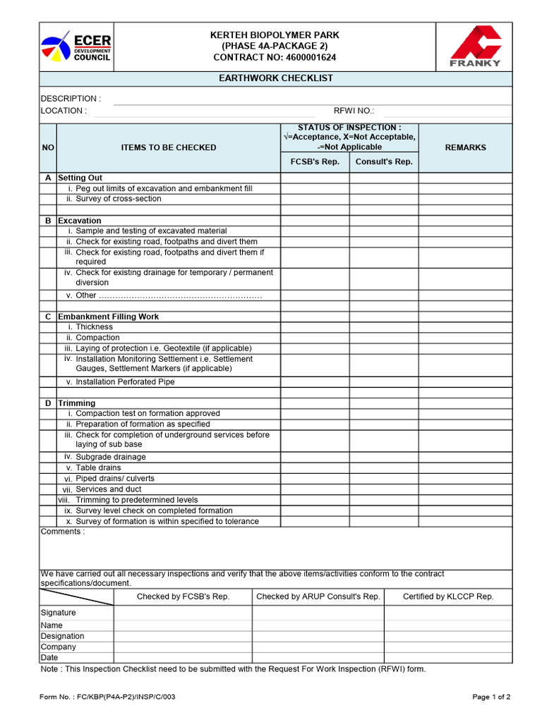 003 Earthwork Checklist | PDF | Soil Science | Civil Engineering