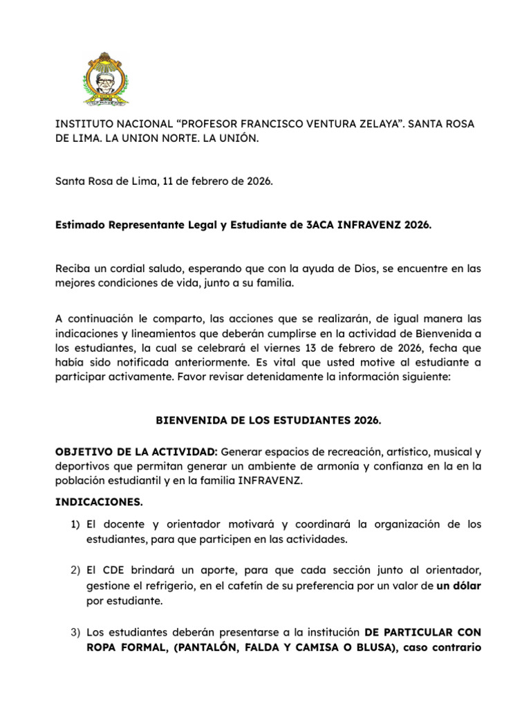 2026 3aca. Lineamientos Evento de Bienvenida A Los Estudiantes ...