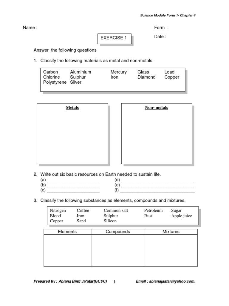 Form 1 Chapter 4 Science-Exercise | PDF | Carbon | Chemical Substances