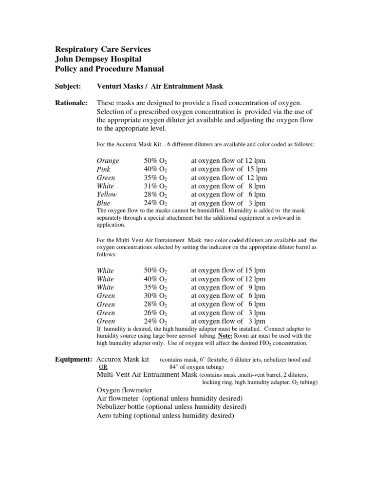 Venturi Mask Color Coding Guide | PDF | Flow Measurement | Medicine