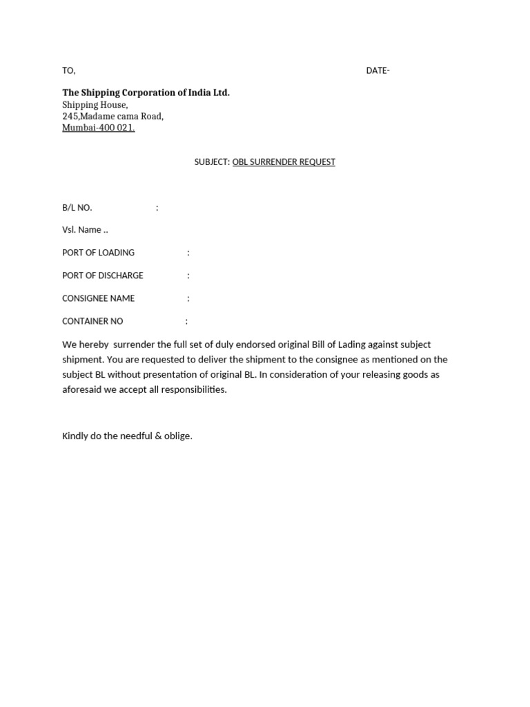 Obl Surrender Letter Format | PDF
