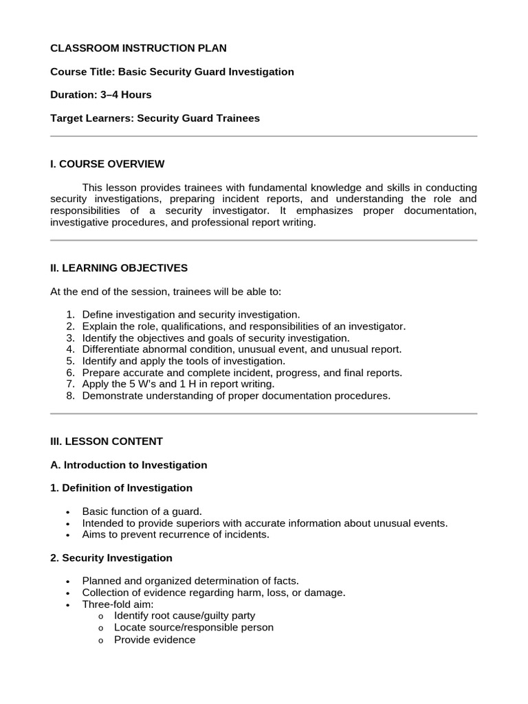Classroom Instruction Plan - Basic Investigation & Report Writing | PDF ...