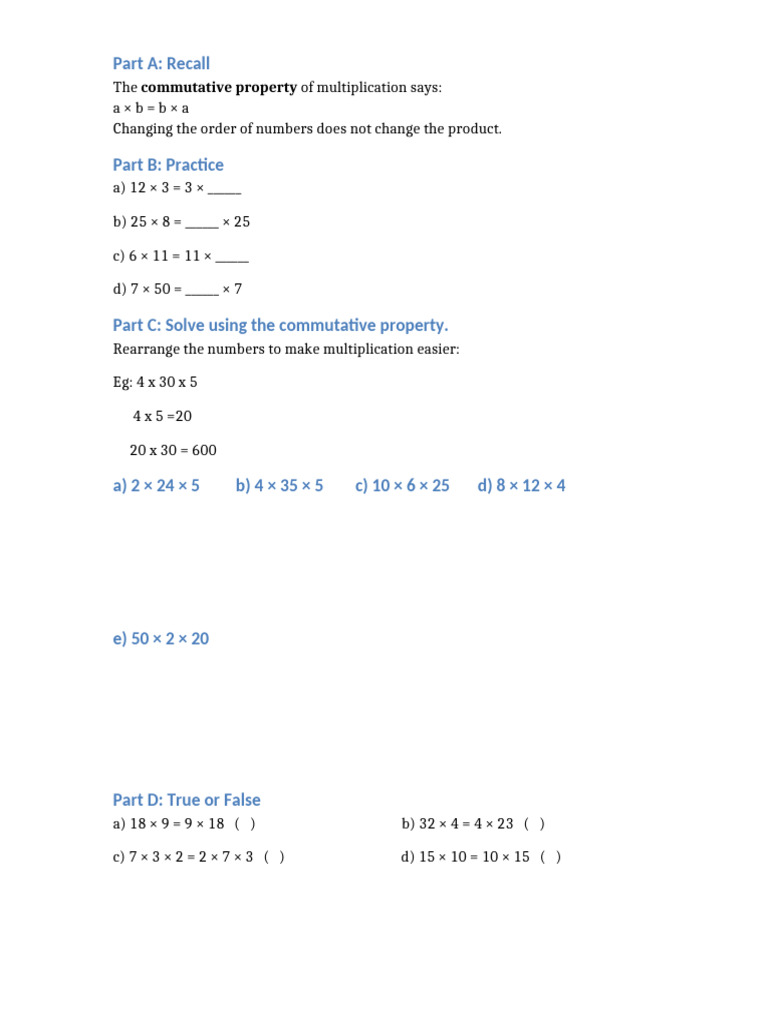Commutative Property Worksheet | PDF