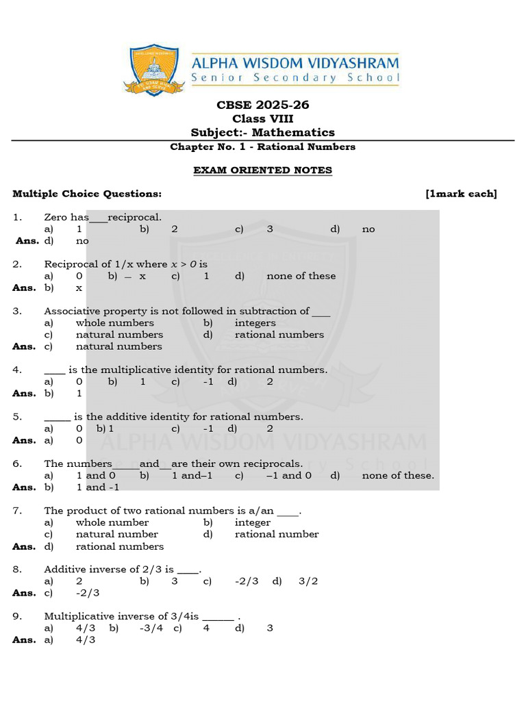 Ch. 1 - Rational Numbers - Mathematics - Class VIII - CBSE - AY 2025 ...