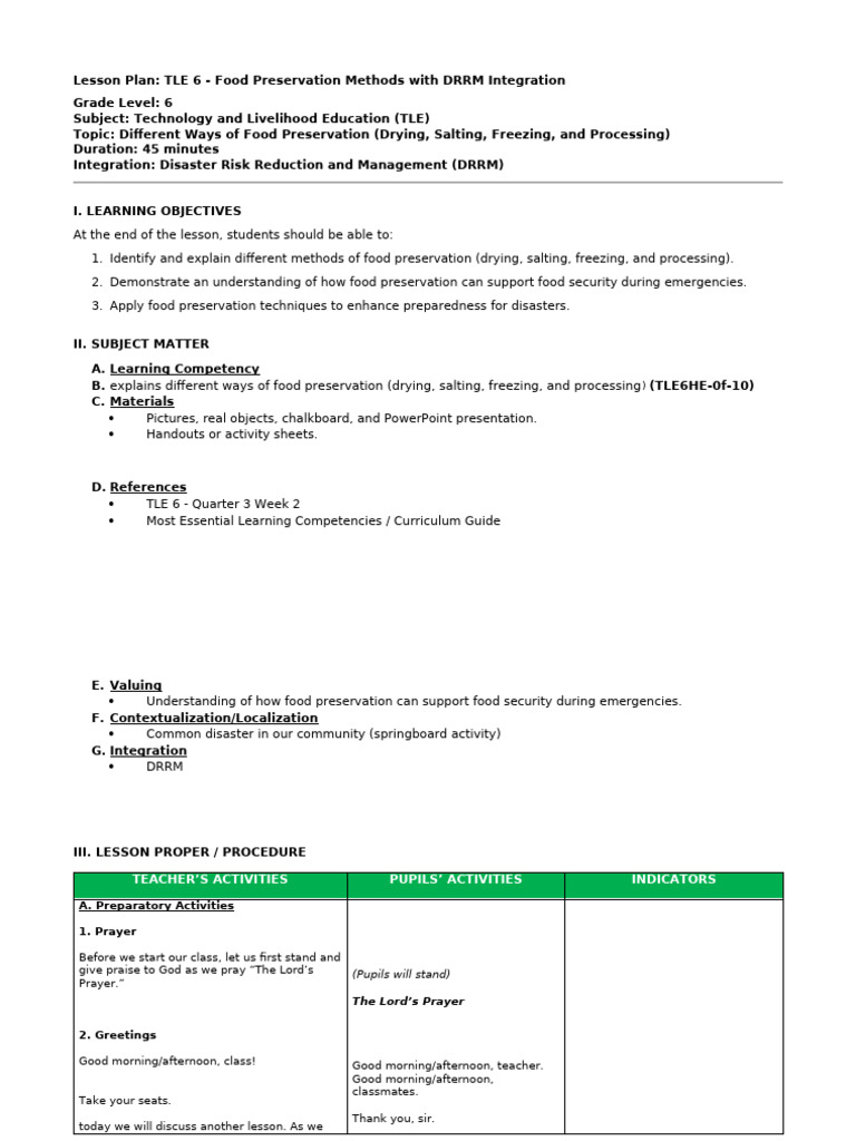 Detailed Lesson Plan in TLE HE 6. NBPC2168 | PDF | Food Preservation ...