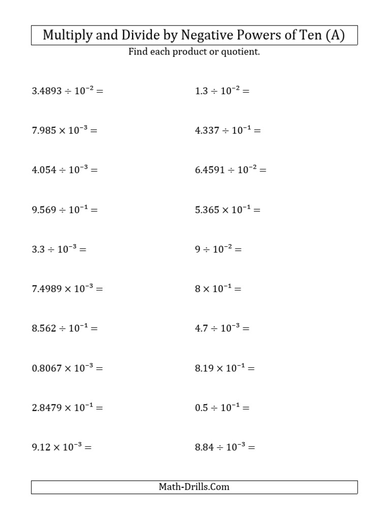 Multiplying and Dividing Decimals by Negative Powers of Ten (Exponent ...