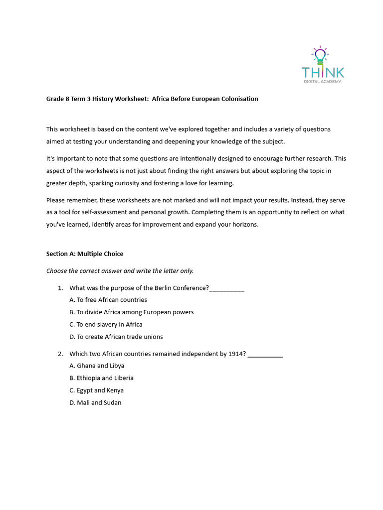 Grade 8 Term 3 History Worksheet Africa Before European Colonisation ...