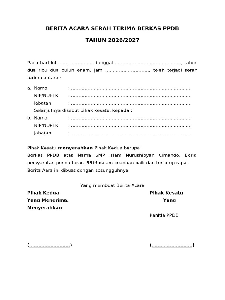 Berita Acara Serah Terima Berkas PPDB | PDF