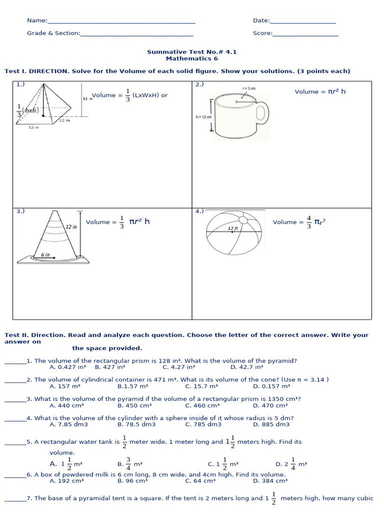 Q4 Week 1-2 Summative Test #4.1 | PDF | Volume