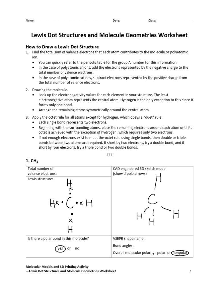 Lewis Dot Structures and Molecule Geometries Worksheet | PDF | Chemical ...