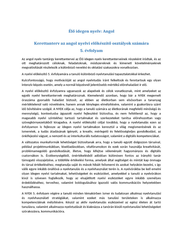 Angol Kerettanterv 5. Evfolyam NYEK | PDF