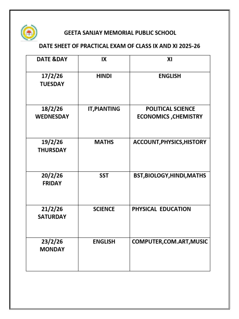 Date Sheet of Practical Exam of Class Ix and Xi 2025 | PDF
