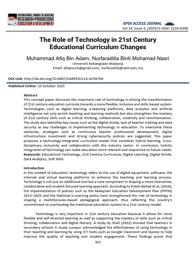 The Role of Technology in 21st Century Educational Curriculum Changes 1 ...