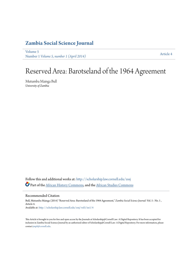 Reserved Area - Barotseland of The 1964 Agreement | PDF