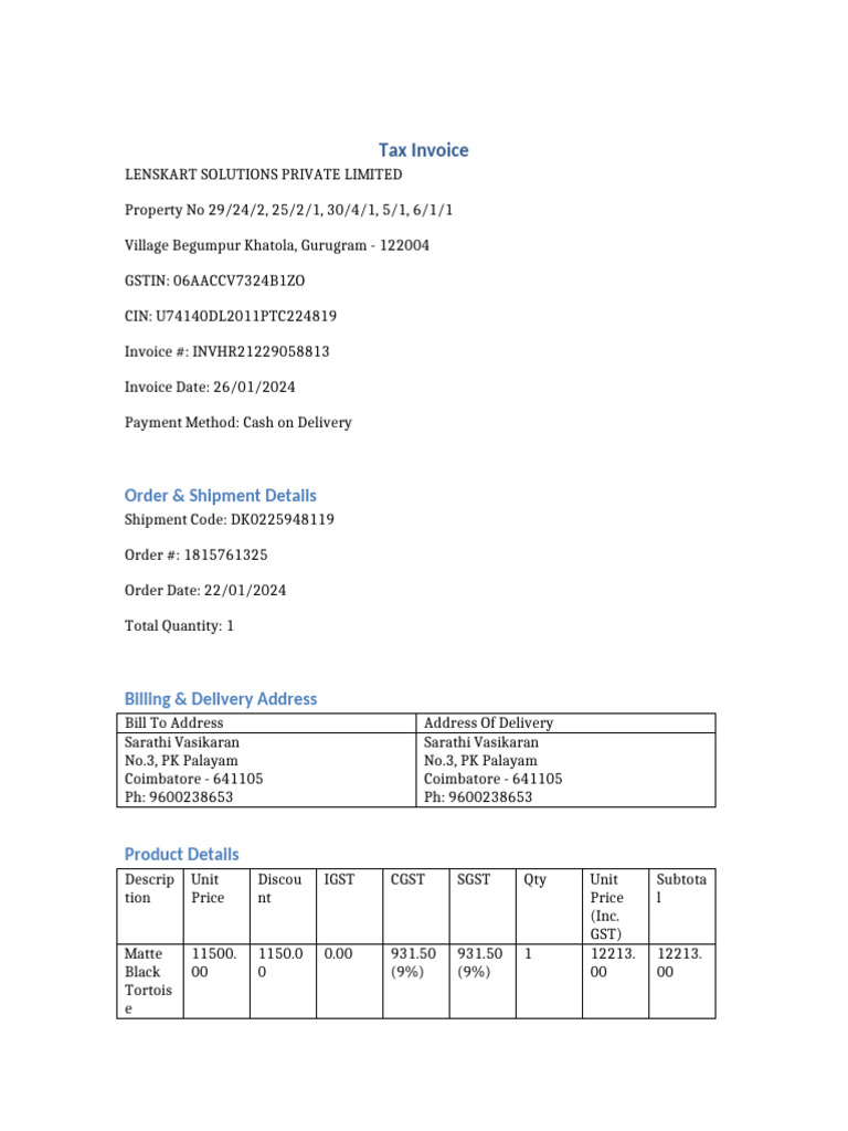 Lenskart Tax Invoice Editable | PDF