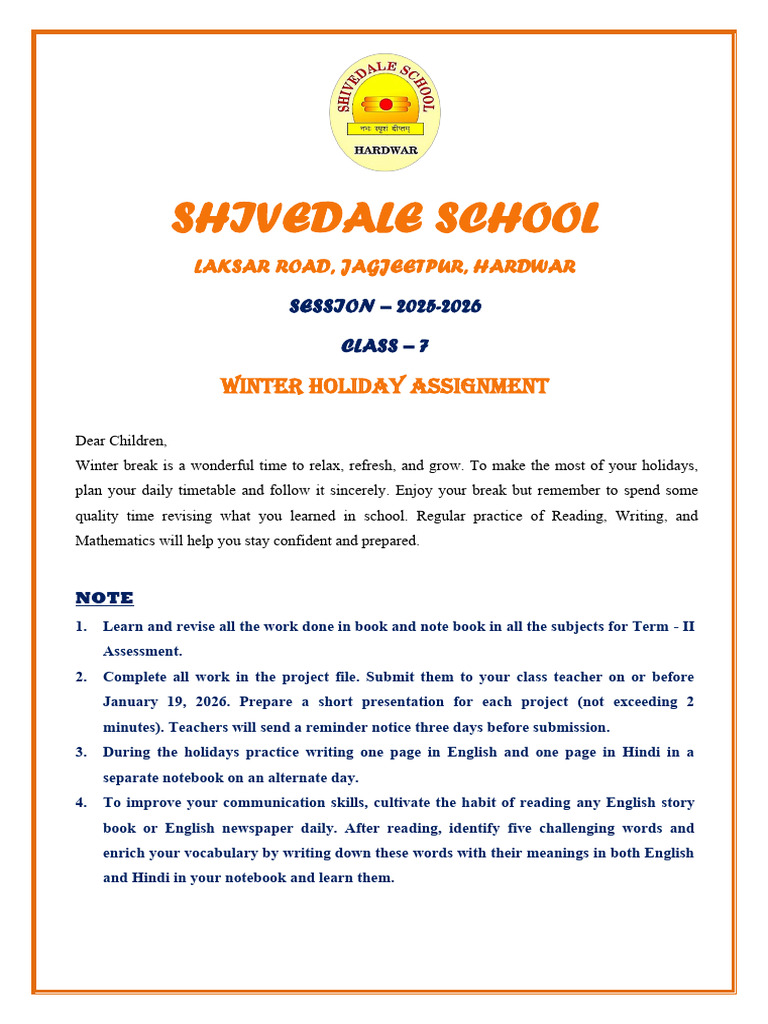 Class-7 Winter Break Assignment 2025-2026 | PDF | Angle | Arithmetic