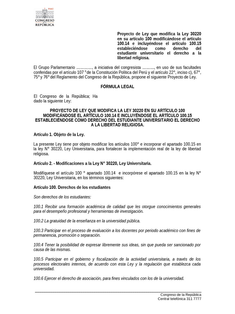 Proyecto de Ley Que Modifica La Ley 30220 en Su Artículo 100 ...