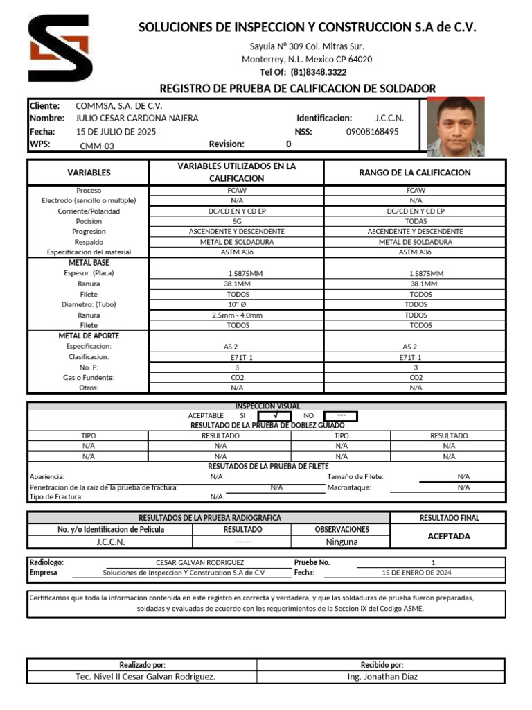 Calificacion de Soldador Commsa - Julio Cesar Cardona Najera | PDF ...