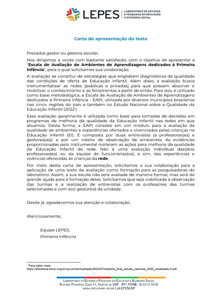 Carta Apresentacao Teste Escola Eapi | PDF