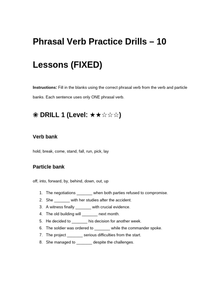 Phrasal Verb Practice Drills - 10 Lessons With Answer Keys (FIXED) | PDF