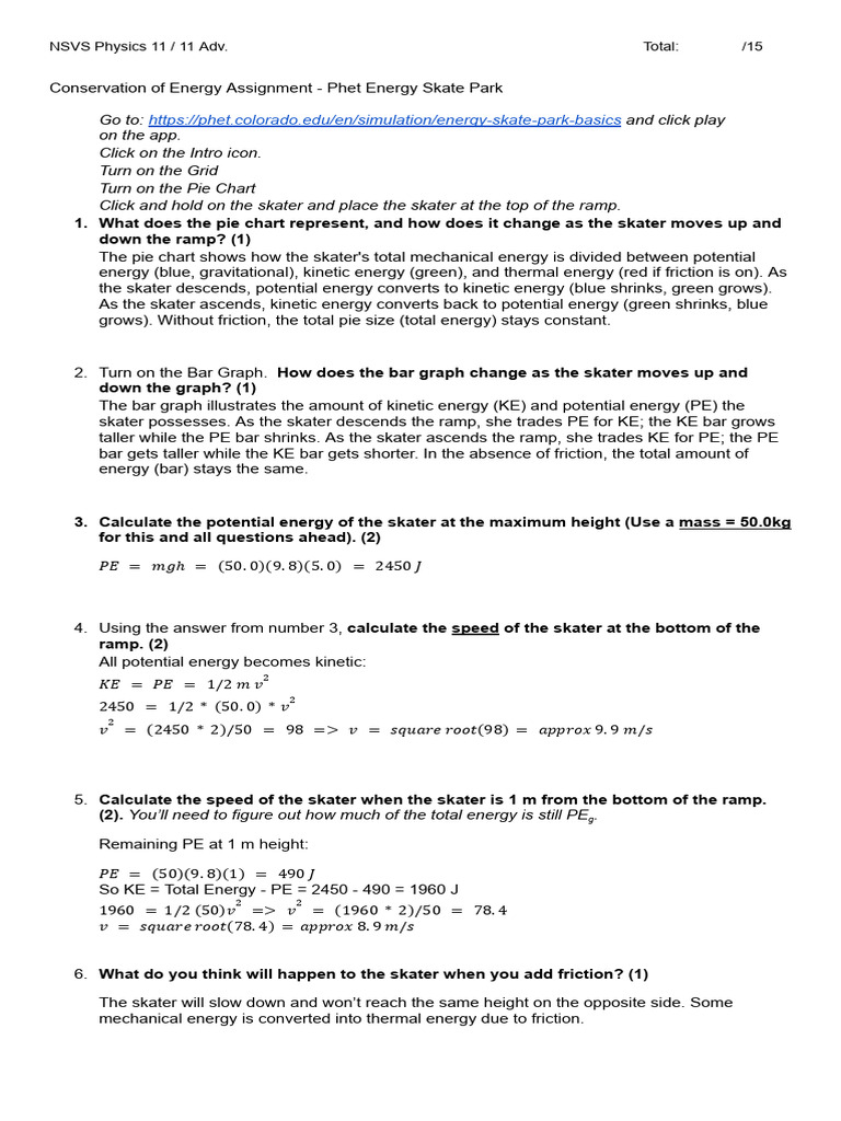 Conservation of Energy - Phet Skatepark - NSVS Completed | PDF ...
