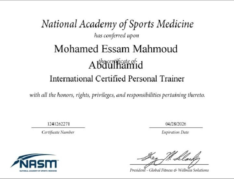 NASM Certificate Mohamed Essam | PDF