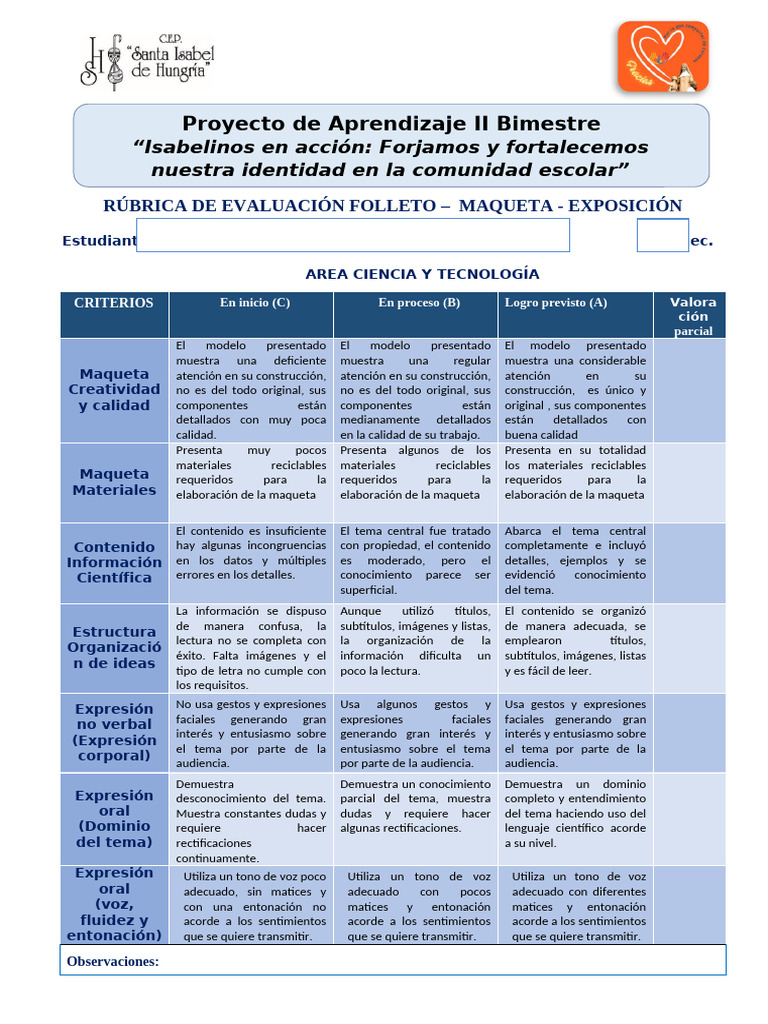 1° Rubrica - Proyecto de Aprendizaje - Ii Bim | PDF