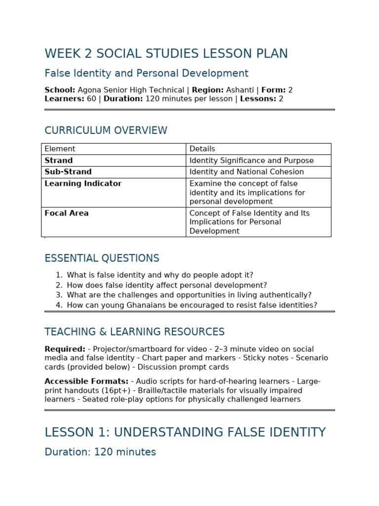 Week 2 Social Studies Simplified Lesson Plan 123752 | PDF | Learning ...