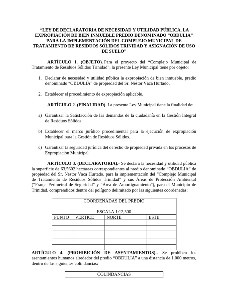 Proyecto de Ley Expropiación Obdulia 1 | PDF | Dominio eminente | Propiedad