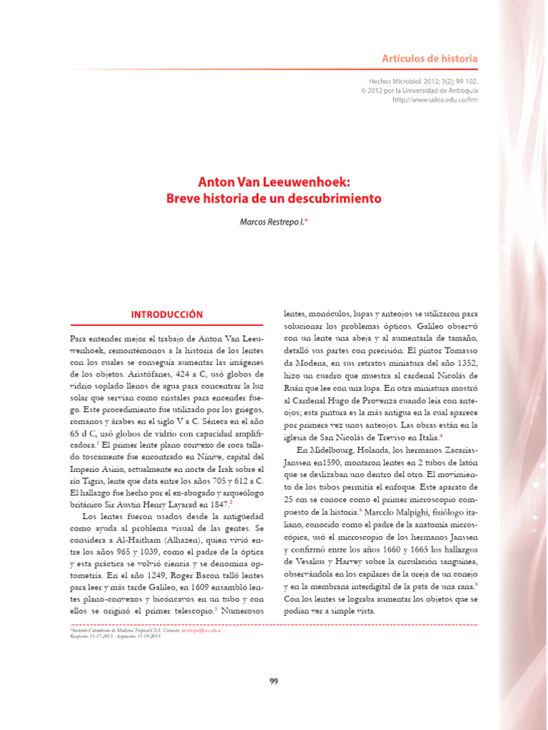 Restrepo - Anton Van Leeuwenhoek - Breve Historia de Un Descubrimiento ...