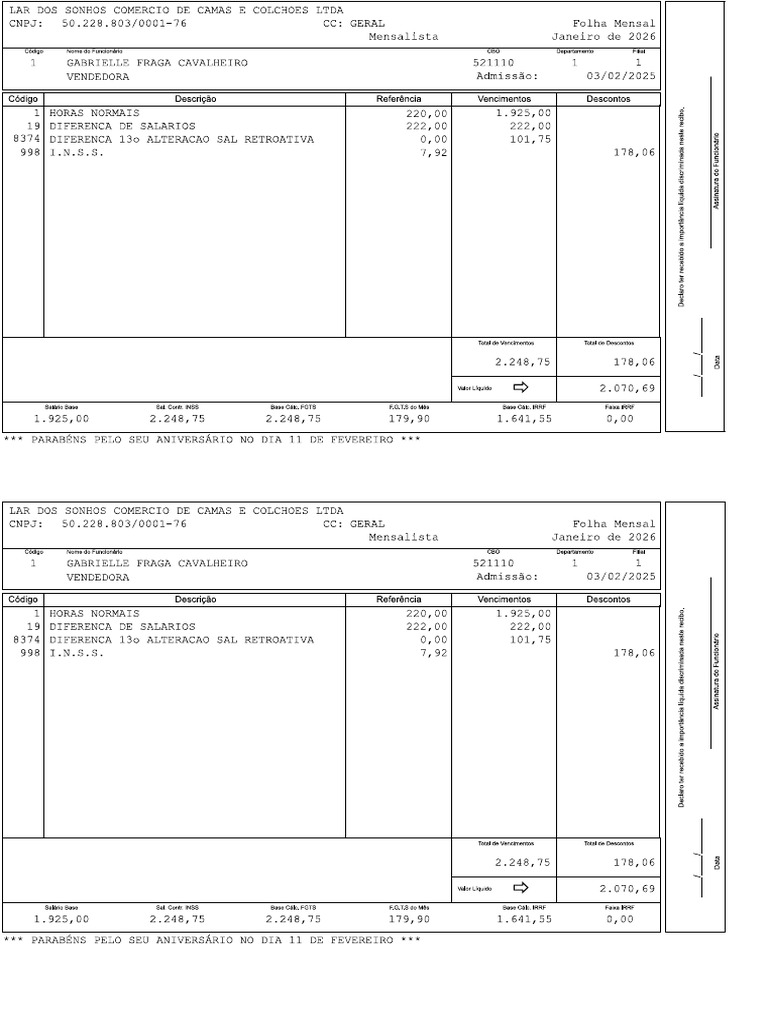 Contra Cheque - Janeiro Gabi | PDF