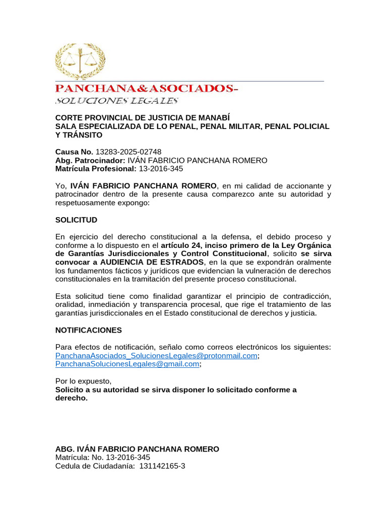 Solicitud de Audiencia de Estrado - Caso Accion de Proteccion Ab. Ivan ...