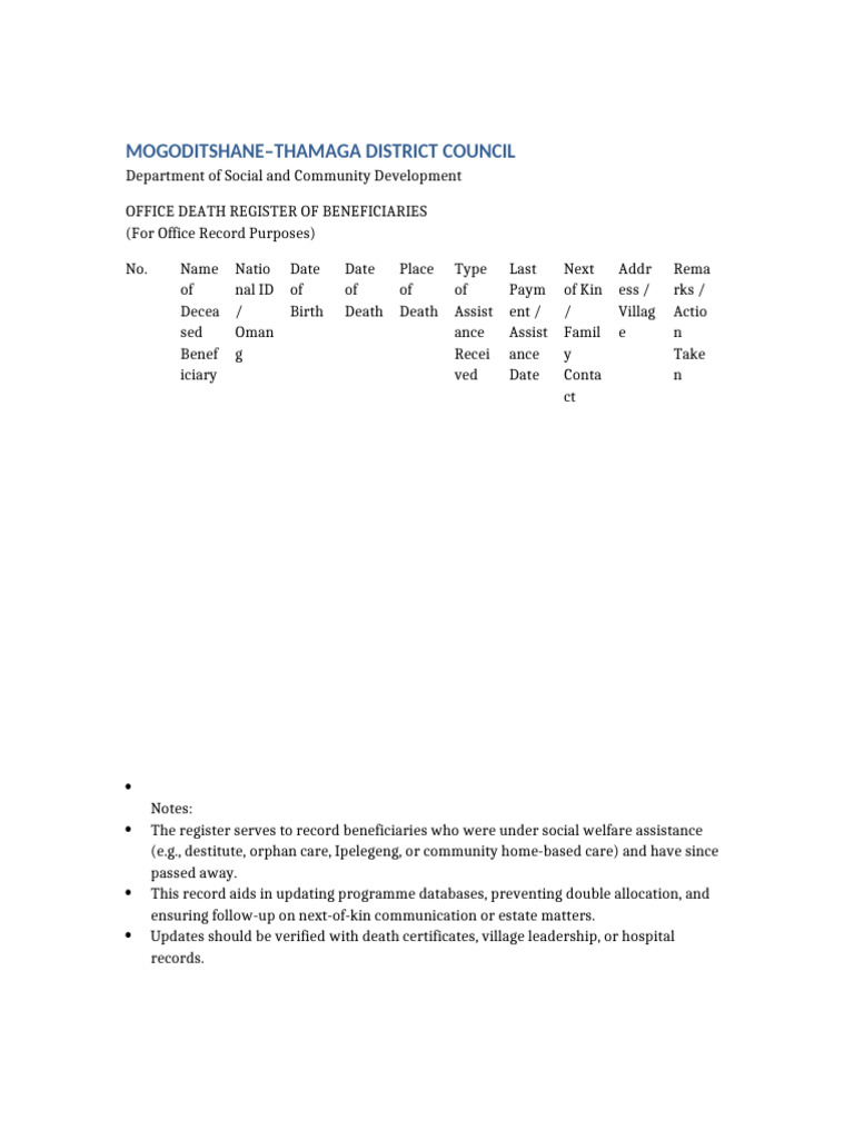 Deceased Beneficiaries Register | PDF